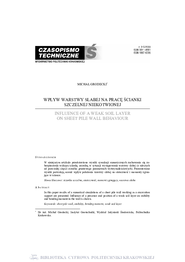 (PDF) Wpływ Warstwy Słabej Na Pracę Ścianki Szczelnej Niekotwionej ...