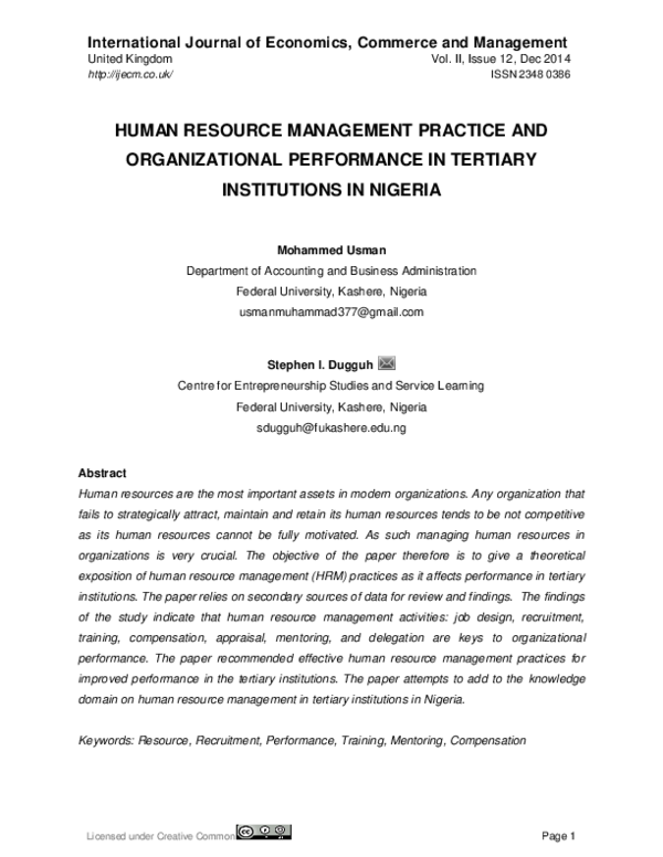 (PDF) Human Resource Management Practice and Organizational Performance in Tertiary Institutions ...