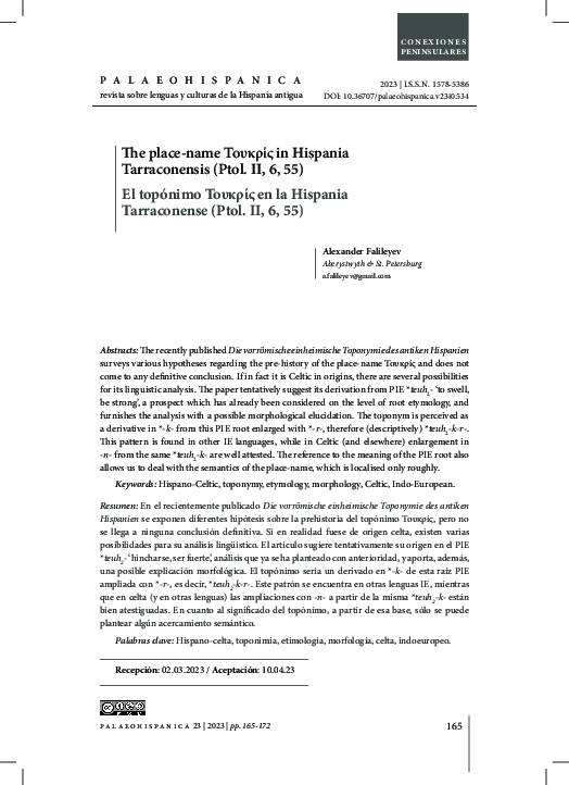 (PDF) The place-name Τουκρίς in Hispania Tarraconensis (Ptol. II, 6, 55)
