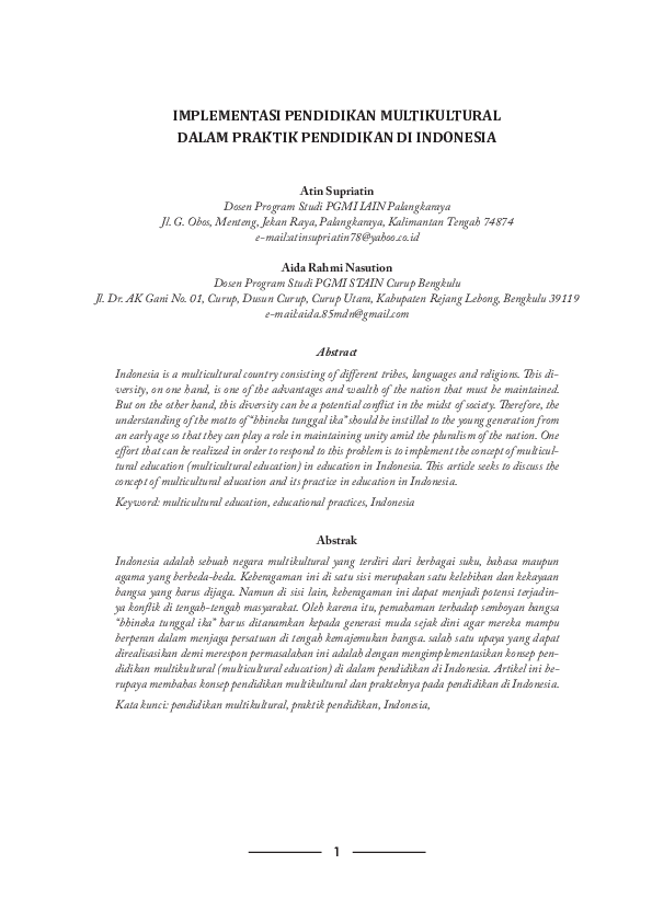 (PDF) Implementasi Pendidikan Multikultural Dalam Praktik Pendidikan DI Indonesia