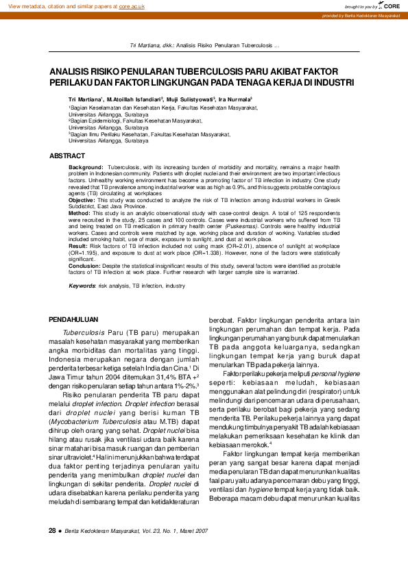 (PDF) Analisis Risiko Penularan Tuberculosis Paru Akibat Faktor ...