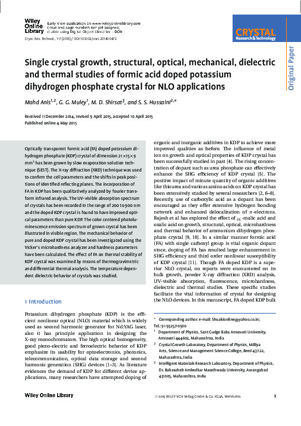 (PDF) Single crystal growth, structural, optical, mechanical, dielectric and thermal studies of ...