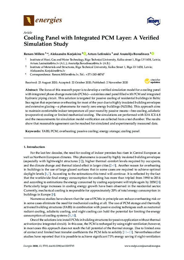 (PDF) Cooling Panel with Integrated PCM Layer: A Verified Simulation Study