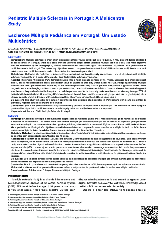 (PDF) Pediatric Multiple Sclerosis in Portugal: A Multicentre Study
