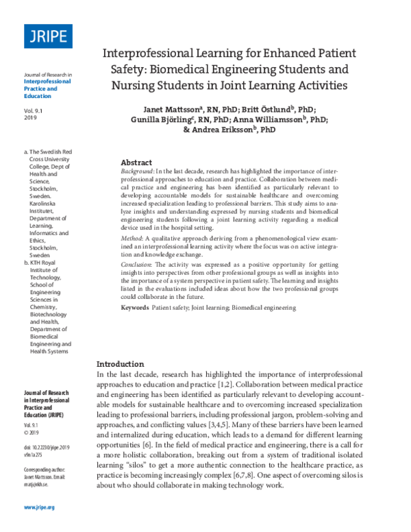 (PDF) Interprofessional Learning for Enhanced Patient Safety: Biomedical Engineering Students ...