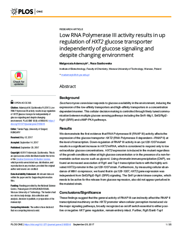 (PDF) Low RNA Polymerase III activity results in up regulation of HXT2 ...