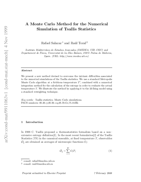 (PDF) A Monte Carlo method for the numerical simulation of Tsallis ...