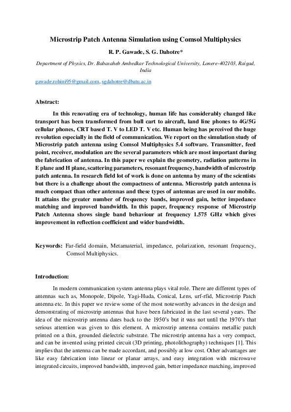 (PDF) Microstrip Patch Antenna Simulation using Comsol Multiphysics