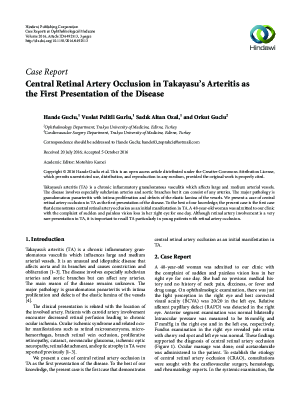 (PDF) Central Retinal Artery Occlusion in Takayasu’s Arteritis as the First Presentation of the ...