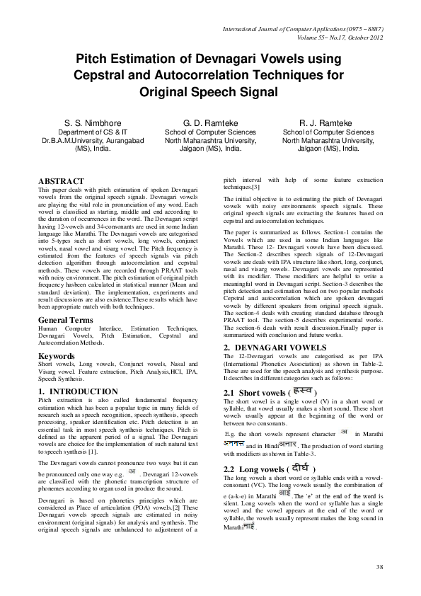 Pdf Pitch Estimation Of Devnagari Vowels Using Cepstral And Autocorrelationtechniques For
