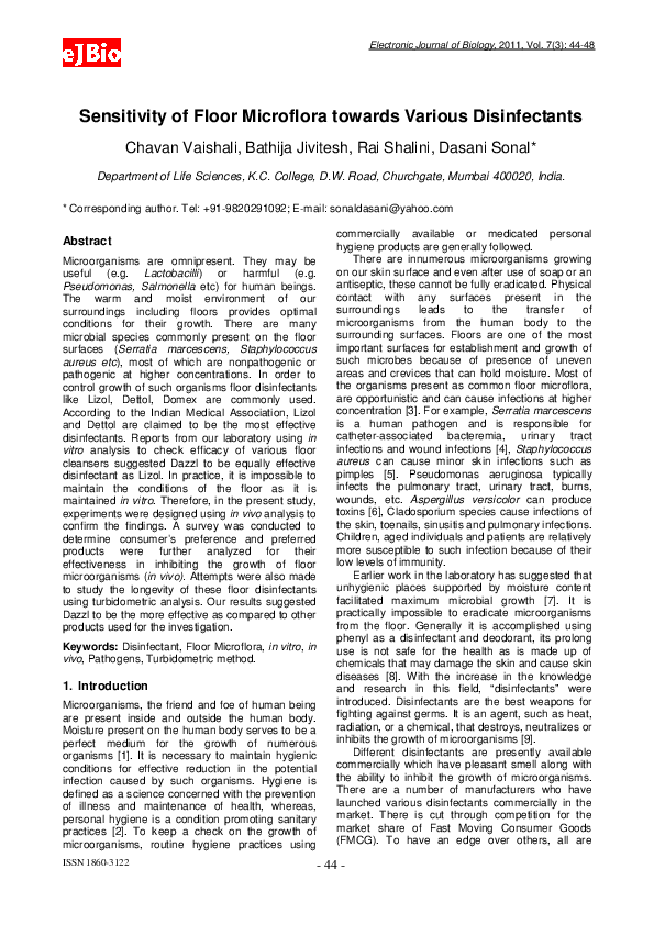 (PDF) Sensitivity of Floor Microflora towards Various Disinfectants