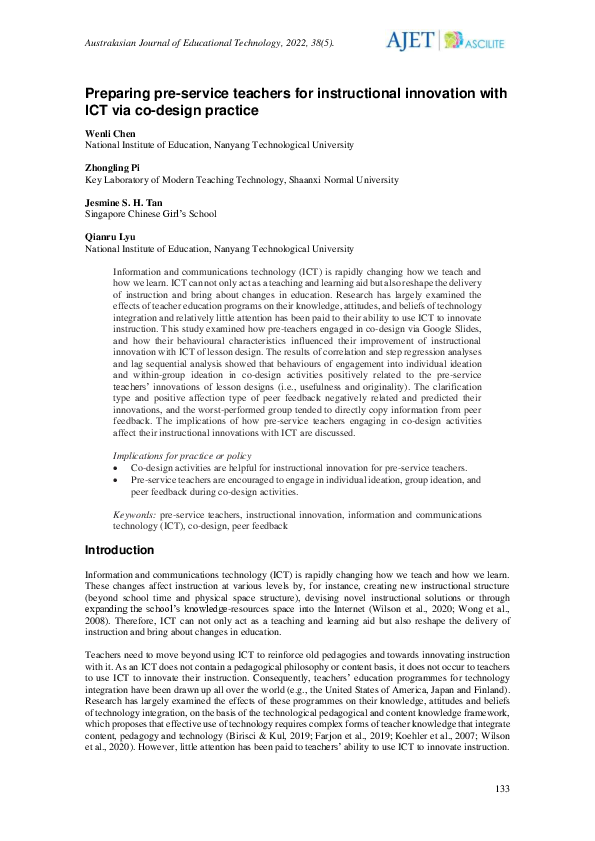 (PDF) Preparing pre-service teachers for instructional innovation with ICT via co-design practice