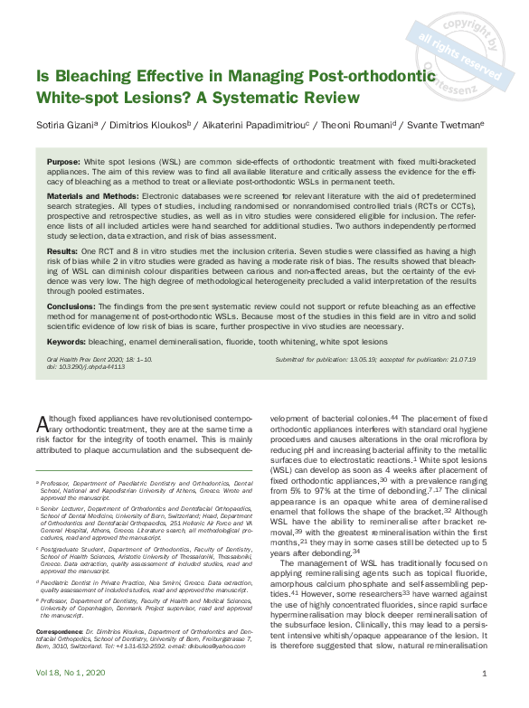 Pdf Is Bleaching Effective In Managing Post Orthodontic White Spot Lesions A Systematic Review