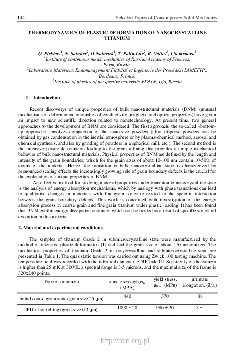 (PDF) Thermodynamics of Plastic Deformation of Nanocrystalline Titanium