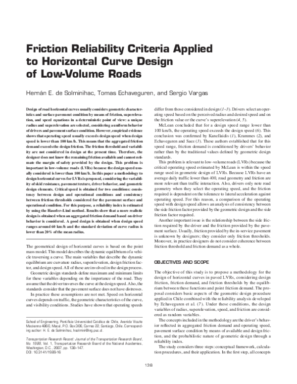 (PDF) Friction Reliability Criteria Applied to Horizontal Curve Design of Low-Volume Roads