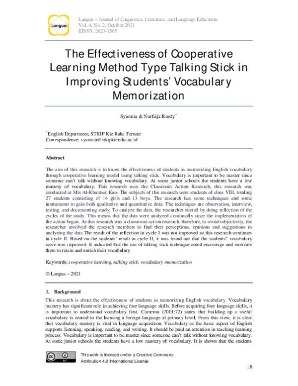 (PDF) The Effectiveness of Cooperative Learning Method Type Talking Stick in Improving Students ...