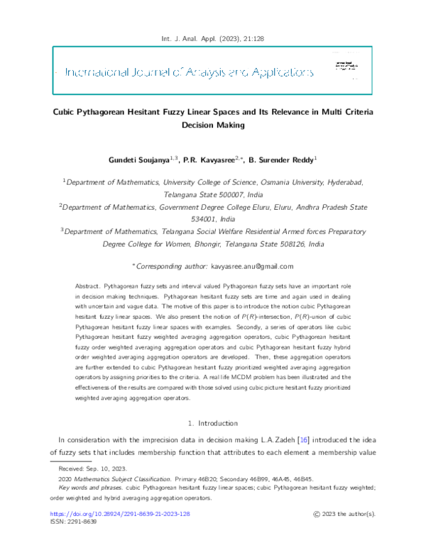 (PDF) Cubic Pythagorean Hesitant Fuzzy Linear Spaces and Its Relevance in Multi Criteria ...