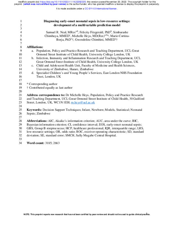 Pdf Diagnosing Early Onset Neonatal Sepsis In Low Resource Settings Development Of A