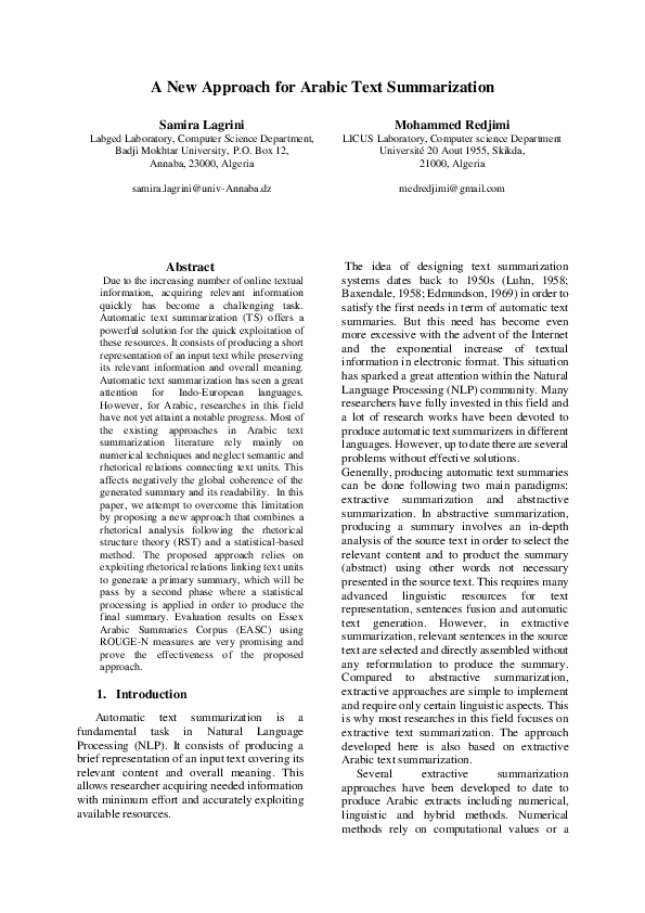 (PDF) A New Approach for Arabic Text Summarization