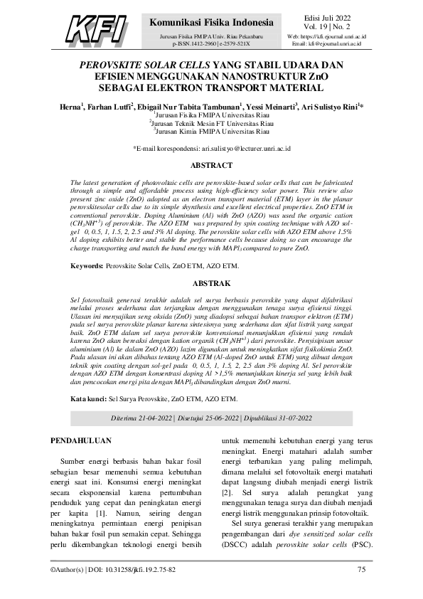 (PDF) PEROVSKITE SOLAR CELLS YANG STABIL UDARA DAN EFISIEN MENGGUNAKAN NANOSTRUKTUR ZnO SEBAGAI ...