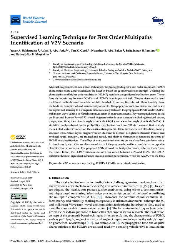 (PDF) Supervised Learning Technique for First Order Multipaths Identification of V2V Scenario