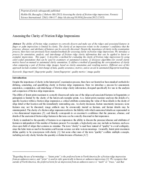 (PDF) Assessing the clarity of friction ridge impressions | JoAnn ...