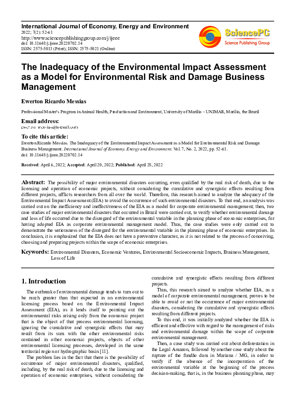 (PDF) The Inadequacy of the Environmental Impact Assessment as a Model ...