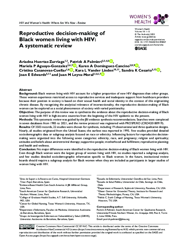 (PDF) Reproductive decision-making of Black women living with HIV: A systematic review | Sandra ...