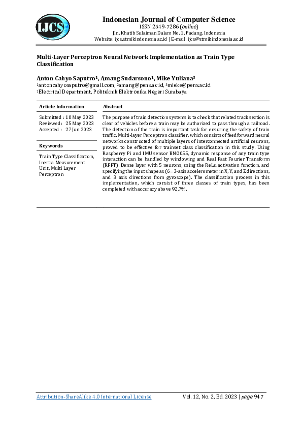 (PDF) Multi-Layer Perceptron Neural Network Implementation as Train Type Classification