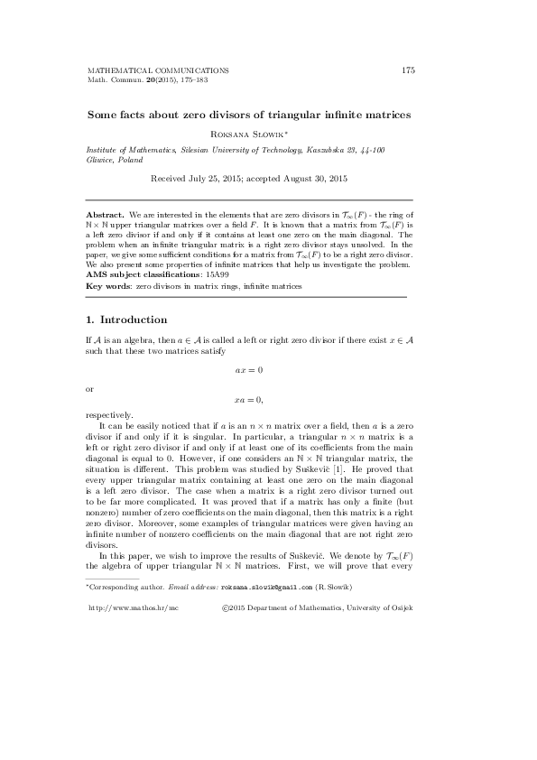 (PDF) Some facts about zero divisors of triangular infinite matrices