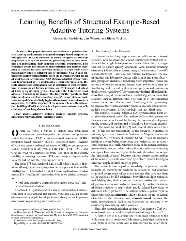 (PDF) Learning benefits of structural example-based adaptive tutoring systems