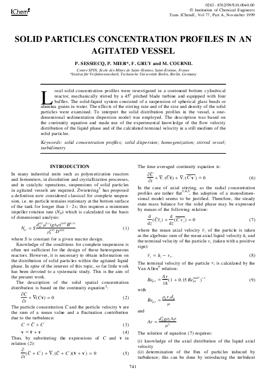 (PDF) Solid Particles Concentration Profiles in an Agitated Vessel