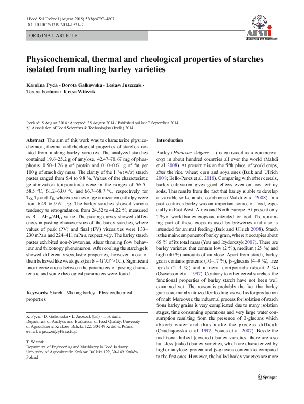 (PDF) Physicochemical, thermal and rheological properties of starches isolated from malting ...