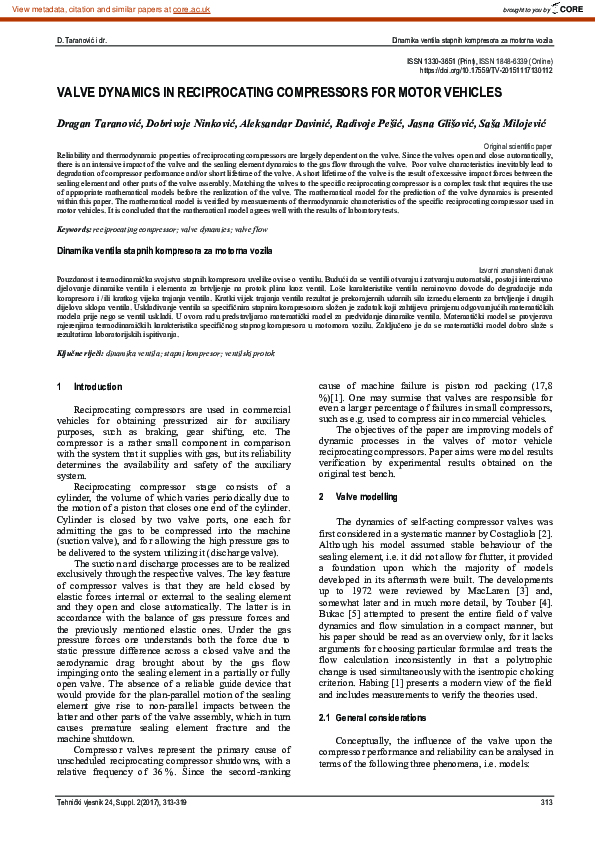 Pdf Valve Dynamics In Reciprocating Compressors For Motor Vehicles