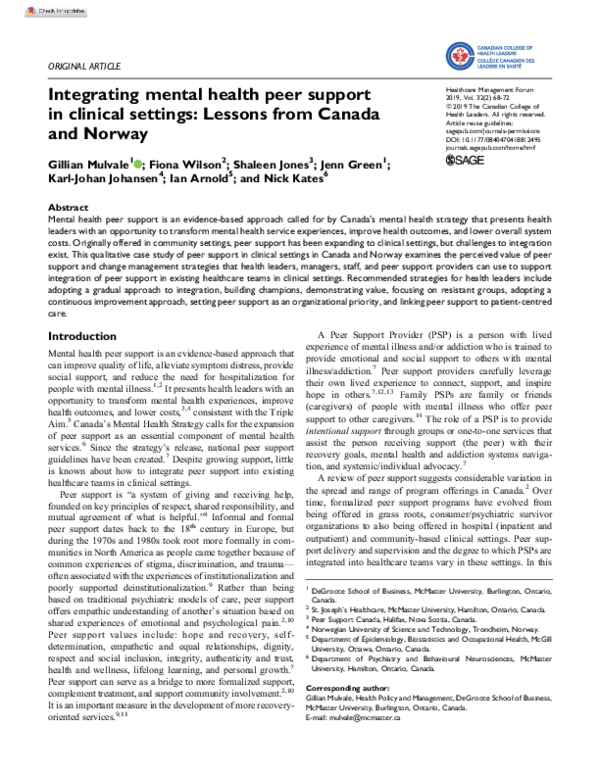 (PDF) Integrating mental health peer support in clinical settings ...