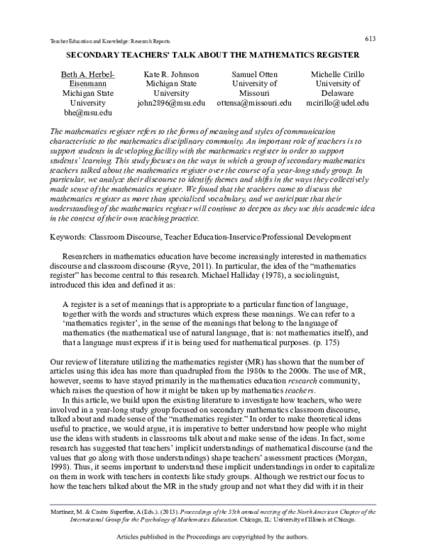 (PDF) Secondary Teachers' Talk about the Mathematics Register