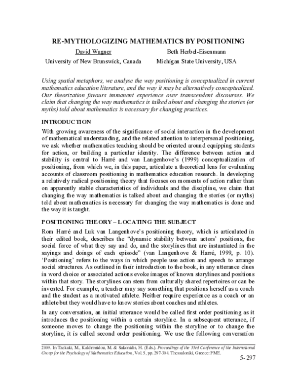 (PDF) Re-Mythologizing Mathematics by Positioning
