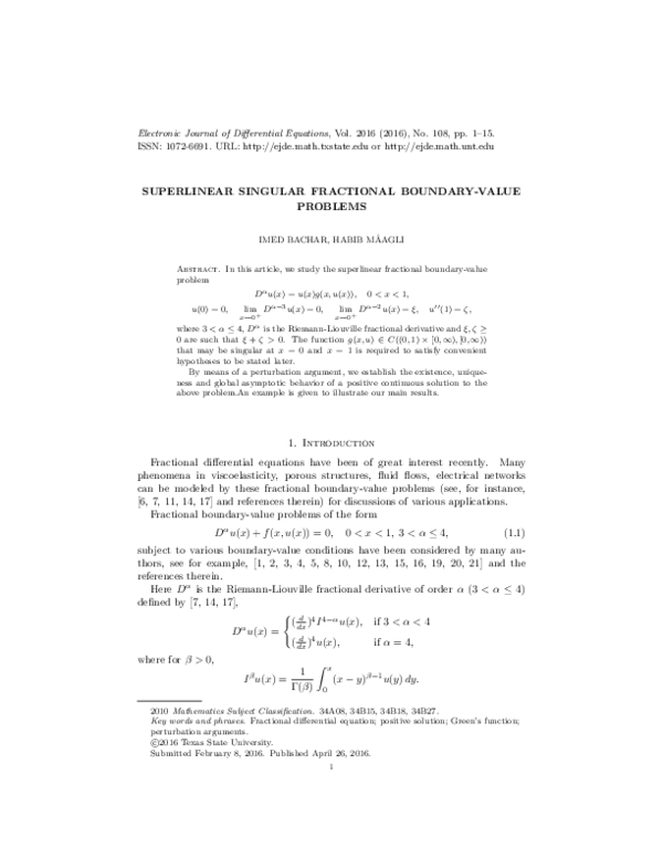 Pdf Superlinear Singular Fractional Boundary Value Problems Habib Maagli