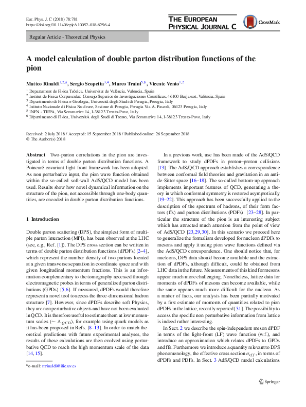 (PDF) A model calculation of double parton distribution functions of ...