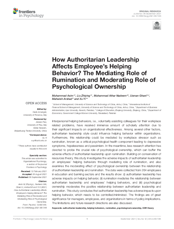 (PDF) How Authoritarian Leadership Affects Employee's Helping Behavior? The Mediating Role of ...