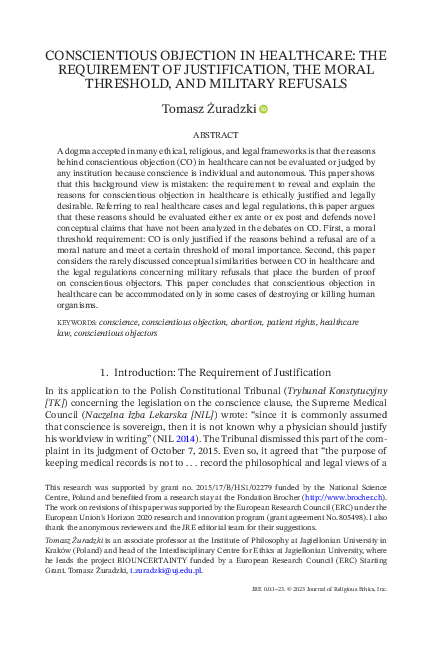 (PDF) CONSCIENTIOUS OBJECTION IN HEALTHCARE: THE REQUIREMENT OF JUSTIFICATION, THE MORAL ...