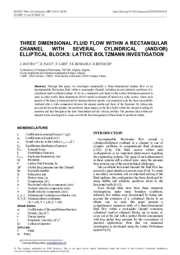(PDF) Three dimensional fluid flow within a rectangular channel with several cylindrical (and/or ...