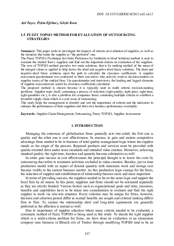 Pdf Fuzzy Topsis Method For Evaluation Of Outsourcing Strategies