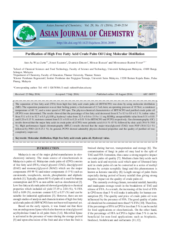 (PDF) Purification of High Free Fatty Acid Crude Palm Oil Using ...