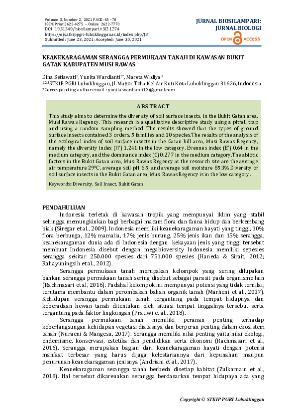 (PDF) Keanekaragaman Serangga Permukaan Tanah DI Kawasan Bukit Gatan Kabupaten Musi Rawas