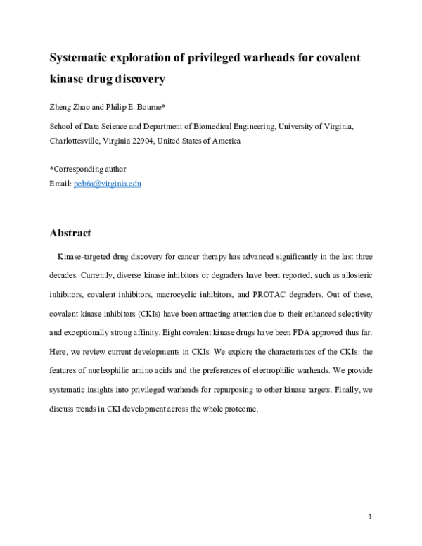 (PDF) Systematic exploration of privileged warheads for covalent kinase drug discovery