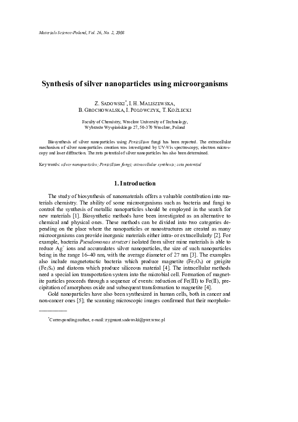 (PDF) Synthesis of silver nanoparticles using microorganisms