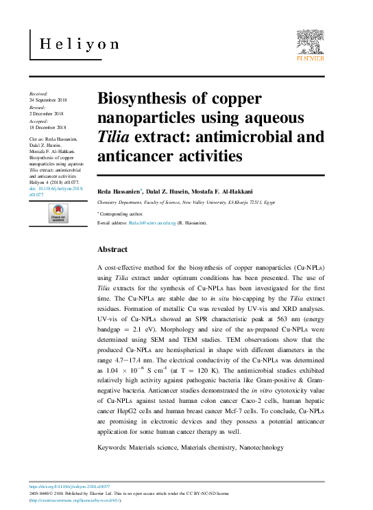 (PDF) Biosynthesis of Copper Nanoparticles Using Aqueous Extracts of Aloe vera and Geranium and ...