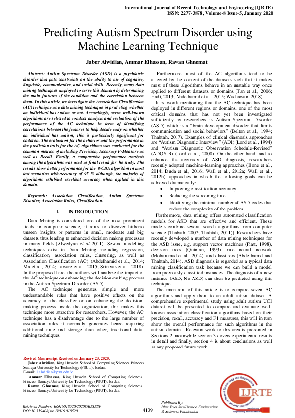(PDF) Predicting Autism Spectrum Disorder using Machine Learning Technique
