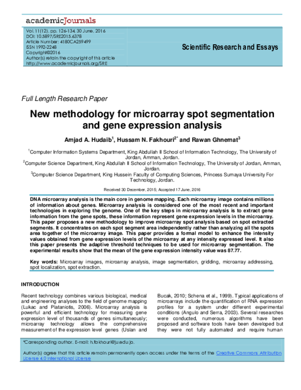 Pdf New Methodology For Microarray Spot Segmentation And Gene Expression Analysis Rawan